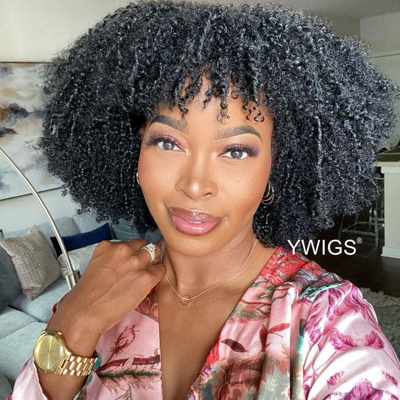 Brazilian Kinky Curly 5x5 Lace Closure Bob Wig with Bangs - Ywigs
